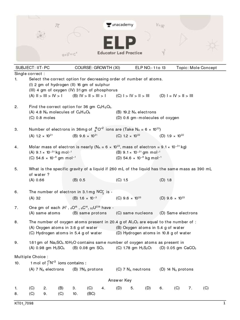 Elp of Mole Concept | PDF | Mass Concentration (Chemistry) | Mole (Unit)