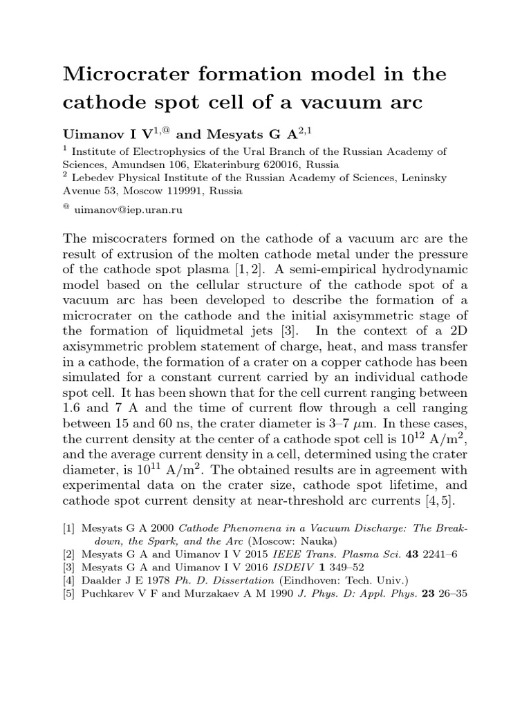 Microcrater Formation Model in The Cathode Spot Cell of A Vacuum Arc | PDF