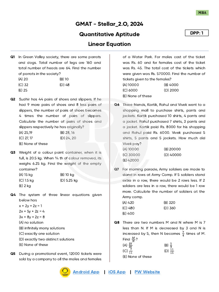 Algebra 01 - DPP 01 - GMAT Stellar - 2024 2.0 | PDF | Mathematics | Algebra