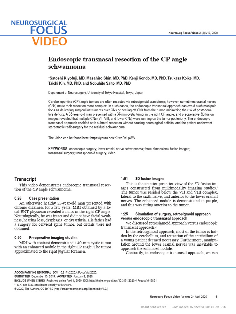 Endoscopic Transnasal Resection of The CP Angle Schwannoma | PDF ...