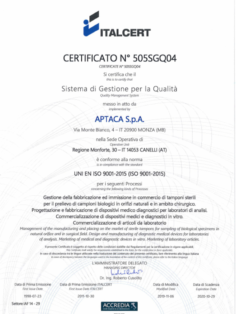 Aptaca SpA - ISO 9001 - 2015 Certificate Exp. 29.10.2020 | PDF