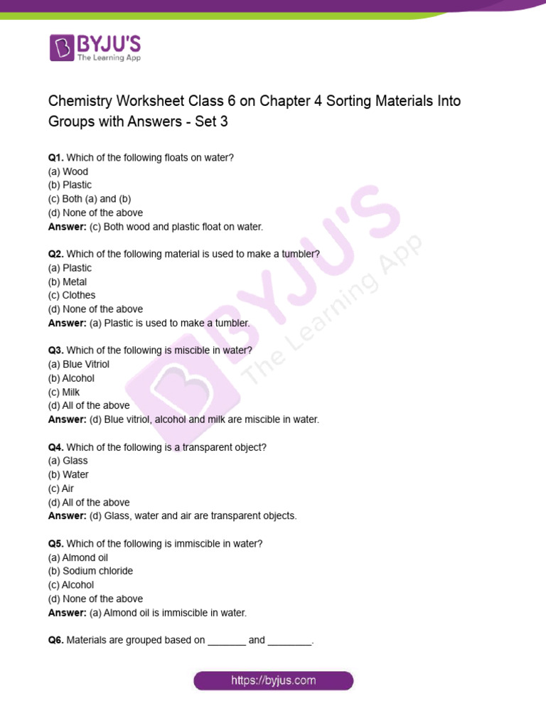 Chemistry Worksheet Class 6 On Chapter 4 Sorting Materials Into Groups With Answers Set 3 | PDF ...