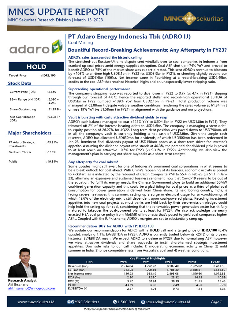 ADRO IJ - MNC Sekuritas Update Report (13032023) | PDF | Expense | Equity (Finance)