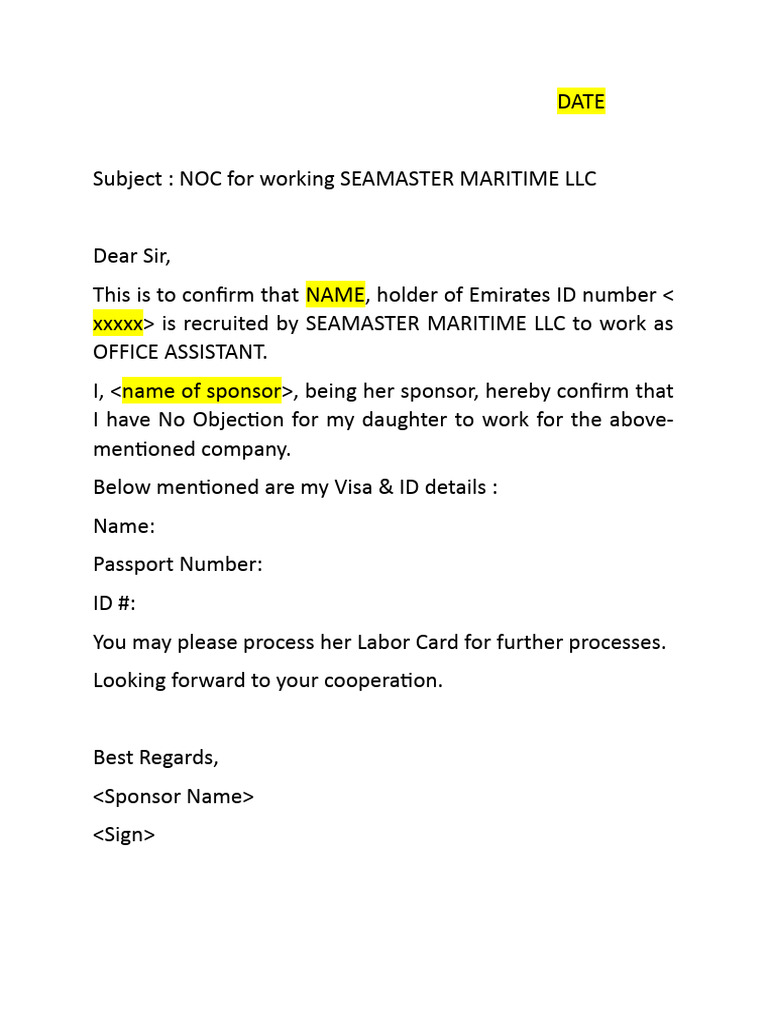NOC for Office Assistant at SEAMASTER | PDF