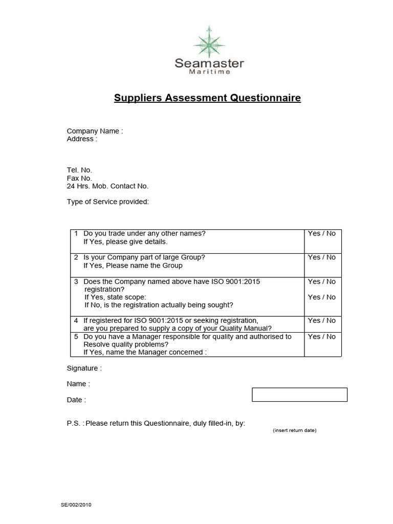 SM-Suppliers Assessment Questionnaire | PDF | Business