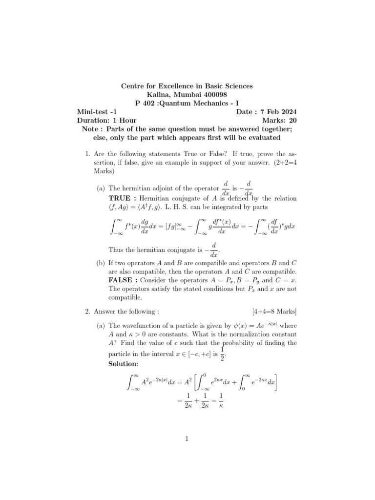 Quantum Mechanics Mini-Test 1 | PDF | Scientific Theories ...