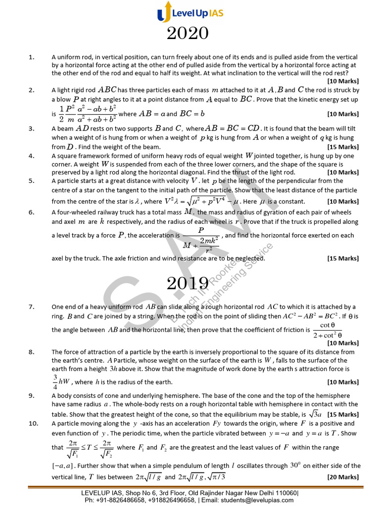 Dynamics and Statics Previous Years Questions | PDF | Force | Acceleration