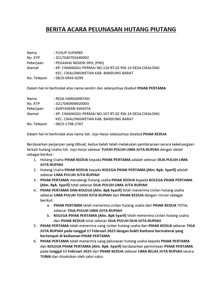Berita Acara Pelunasan Hutang Piutang | PDF