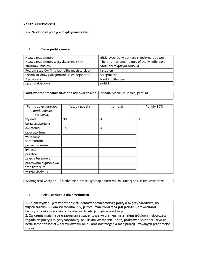 05zał - Karta Przedmiotu - Bliski Wschód W Polityce Międzynarodowej | PDF
