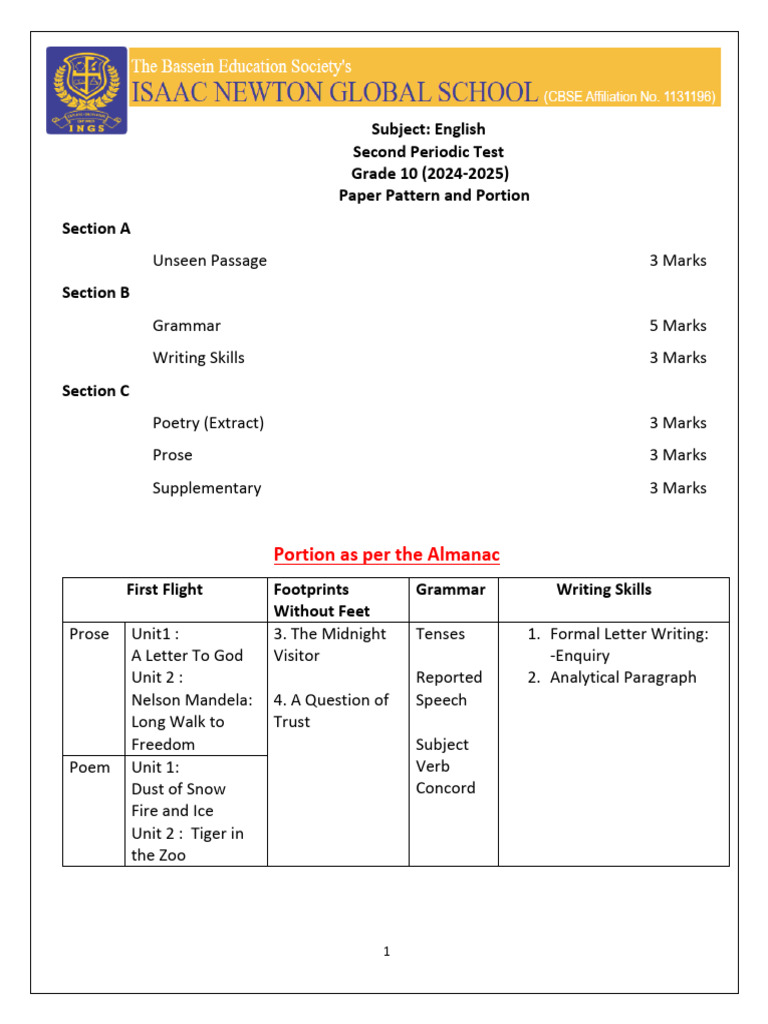 Subject: English Second Periodic Test Grade 10 (2024-2025) : Portion As ...