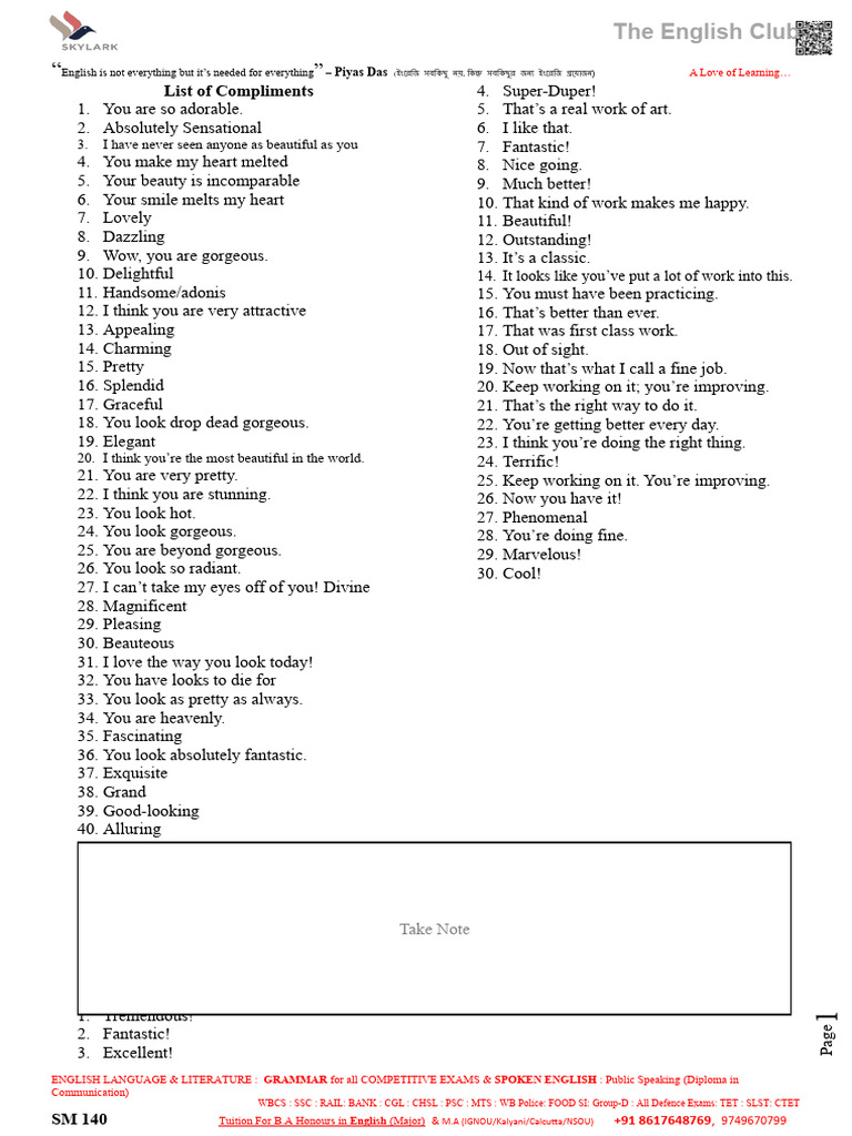 SM 140 List of Compliments | PDF