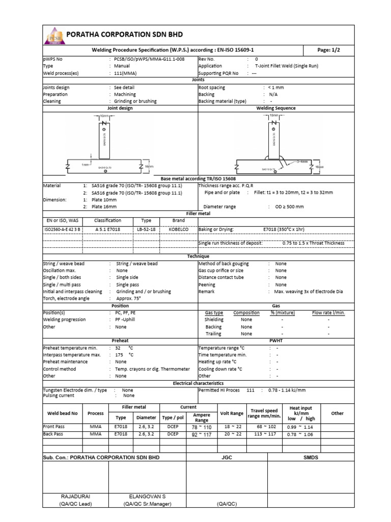 T-Joint Fillet Weld WPS EN-ISO 15609-1 | PDF | Welding | Construction