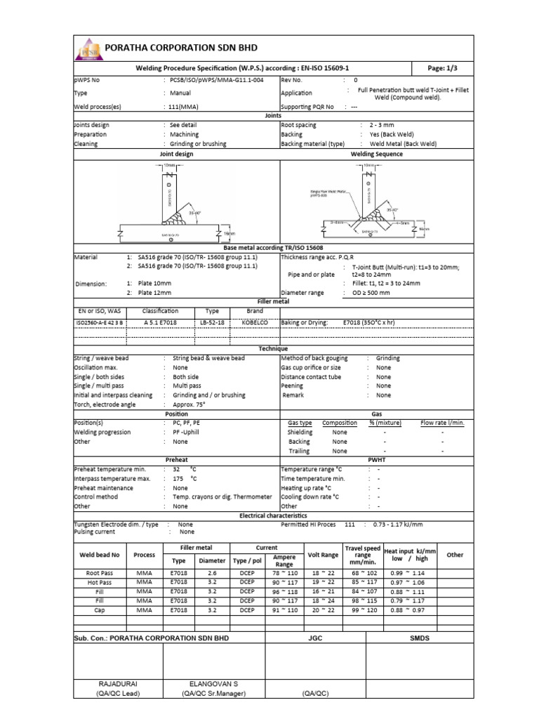 4.PCSB-ISO-pWPS-MMA-G11.1-004 WOTB Fillet Weld | PDF | Welding | Construction