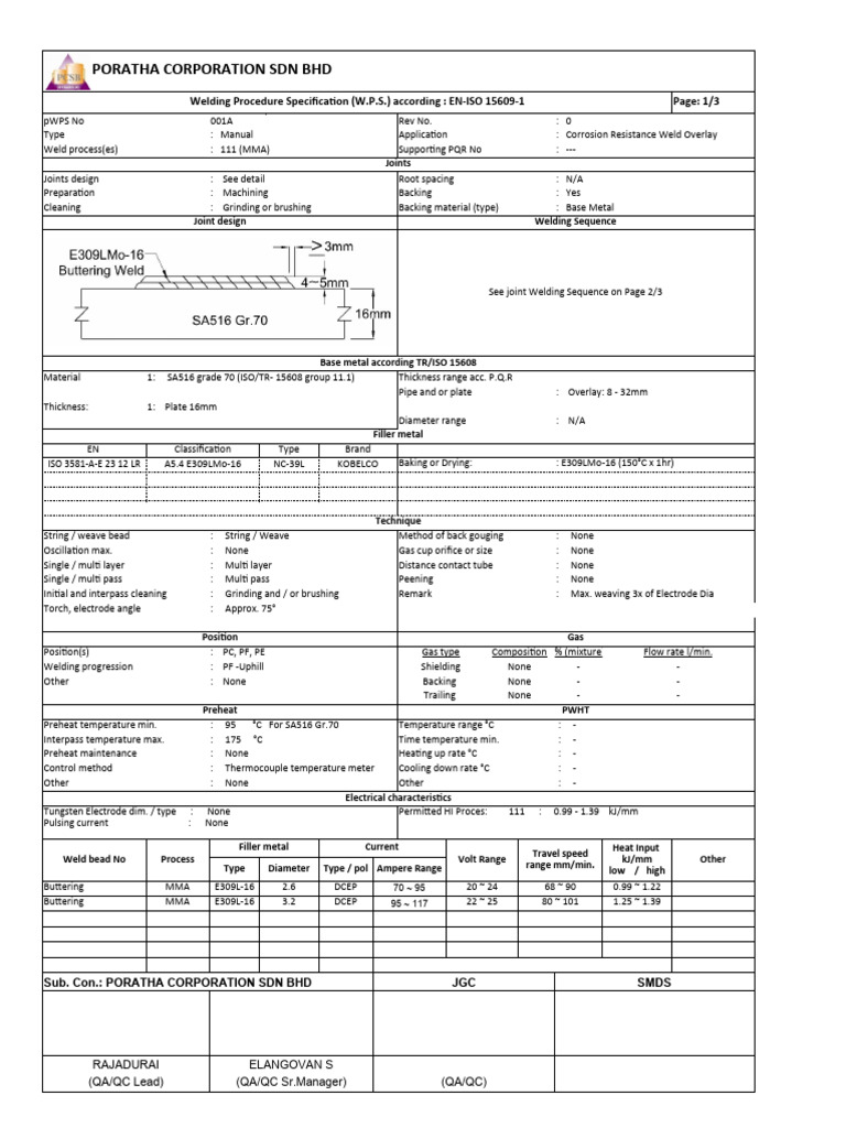 1A.PCSB-ISO-pWPS-MMA-G11.1-G8.1-001A CS-SS Buttering | PDF | Welding | Construction