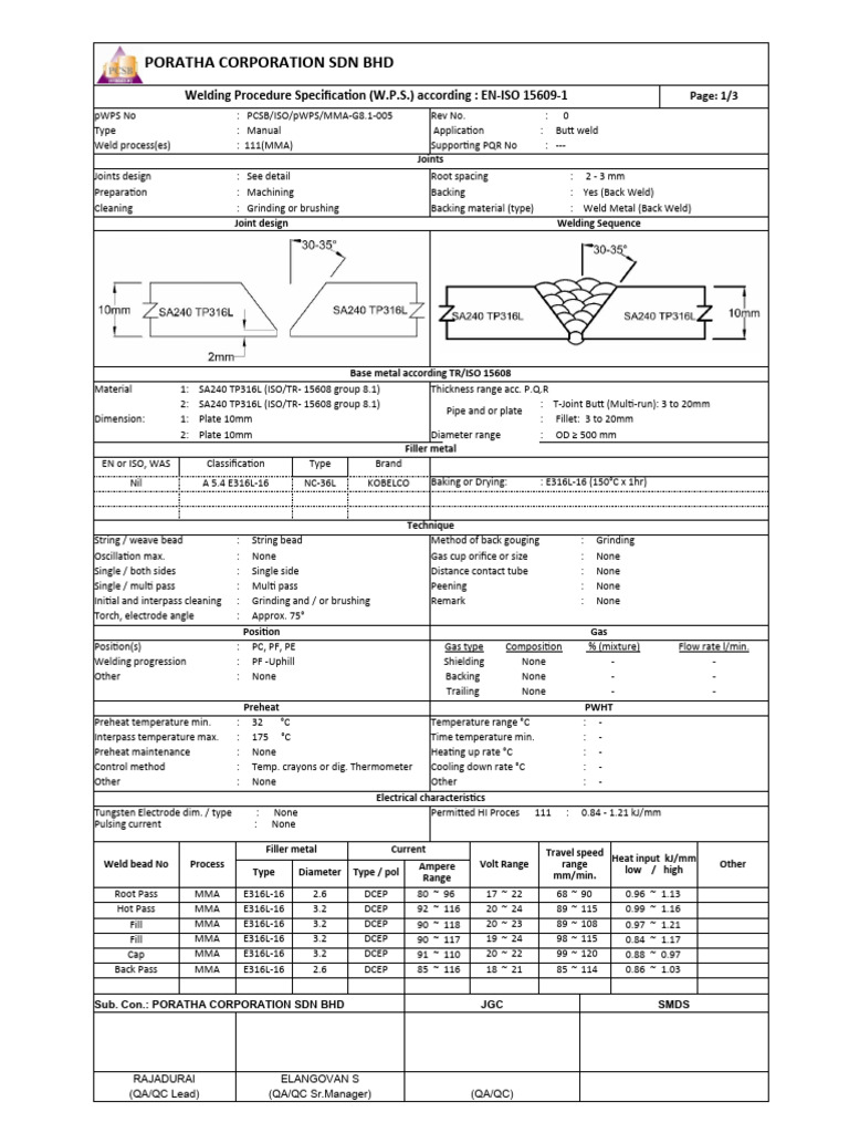 5.PCSB-ISO-pWPS-MMA-G8.1-005 Fillet Weld SS (Check-Qualify by Butt Plate) | PDF | Welding ...