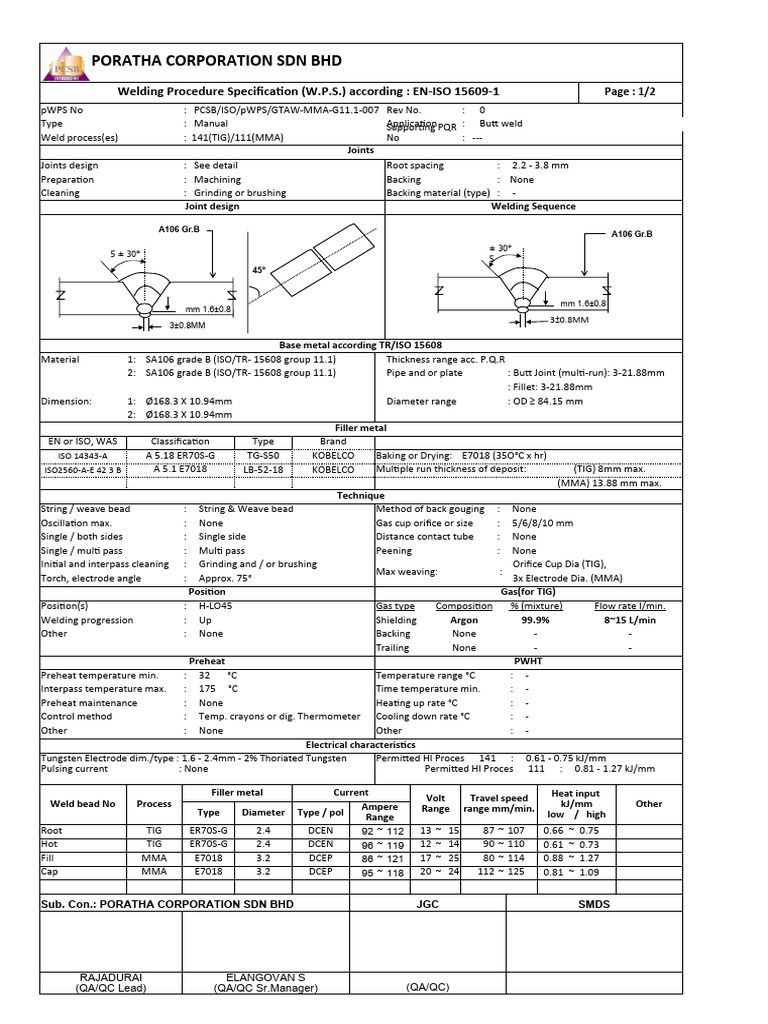 7.PCSB-ISO-pWPS-GTAW-MMA-G11.1-007 Pipe Butt Weld | PDF | Electric ...