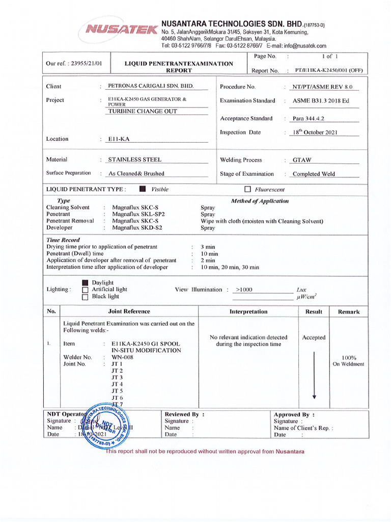 DPI and Radiography Test Result For K2450 G1 Spool | PDF