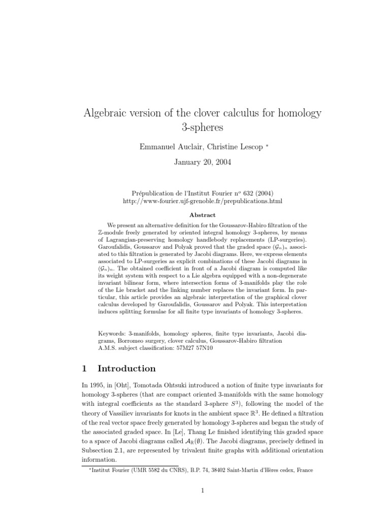 Emmanuel Auclair and Christine Lescop - Algebraic Version of The Clover ...