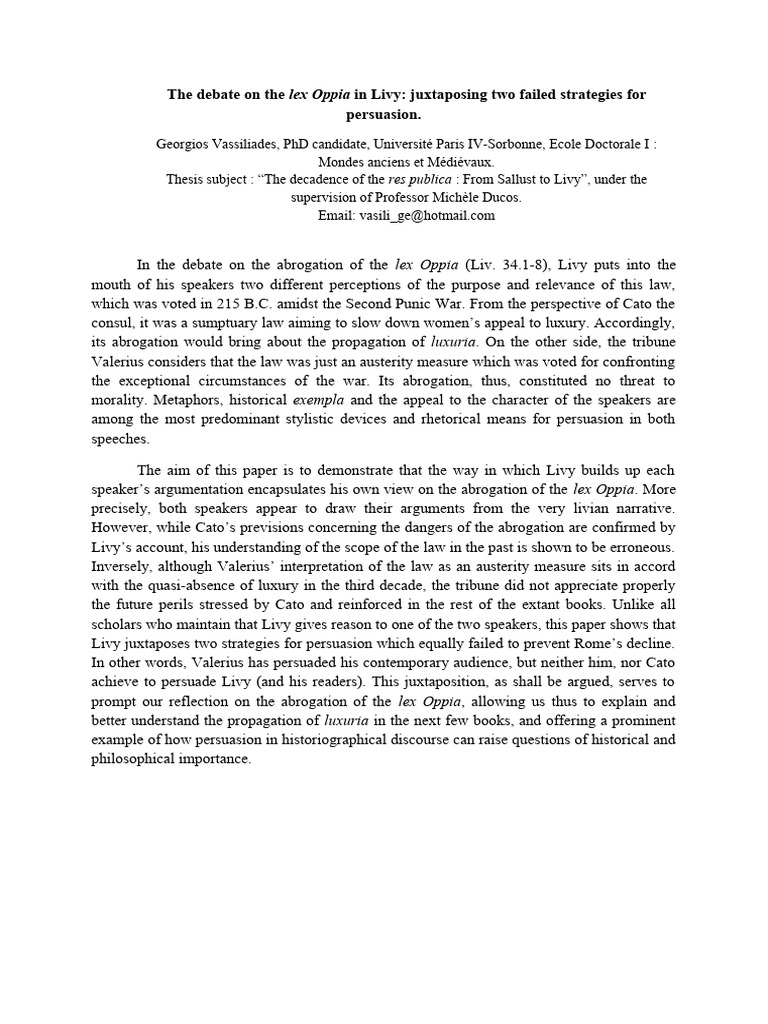 The Debate on the Lex Oppia in Livy Juxt | Download Free PDF | Persuasion The Debate on the Lex Oppia in Livy Juxt | Download Free PDF | Persuasion