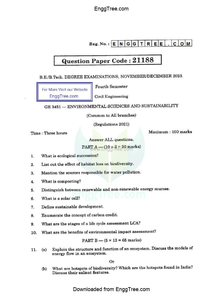 GE3451 Environmental Science Question Paper | PDF