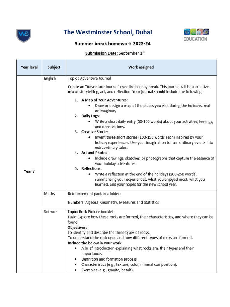 Westminster School Dubai Summer Homework 2023-24 | PDF | Innovation ...