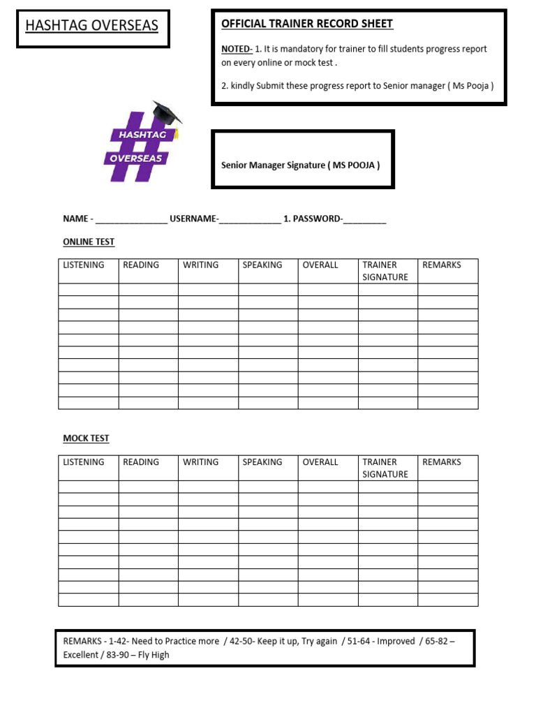 Teacher Recordsheet of PTE | PDF