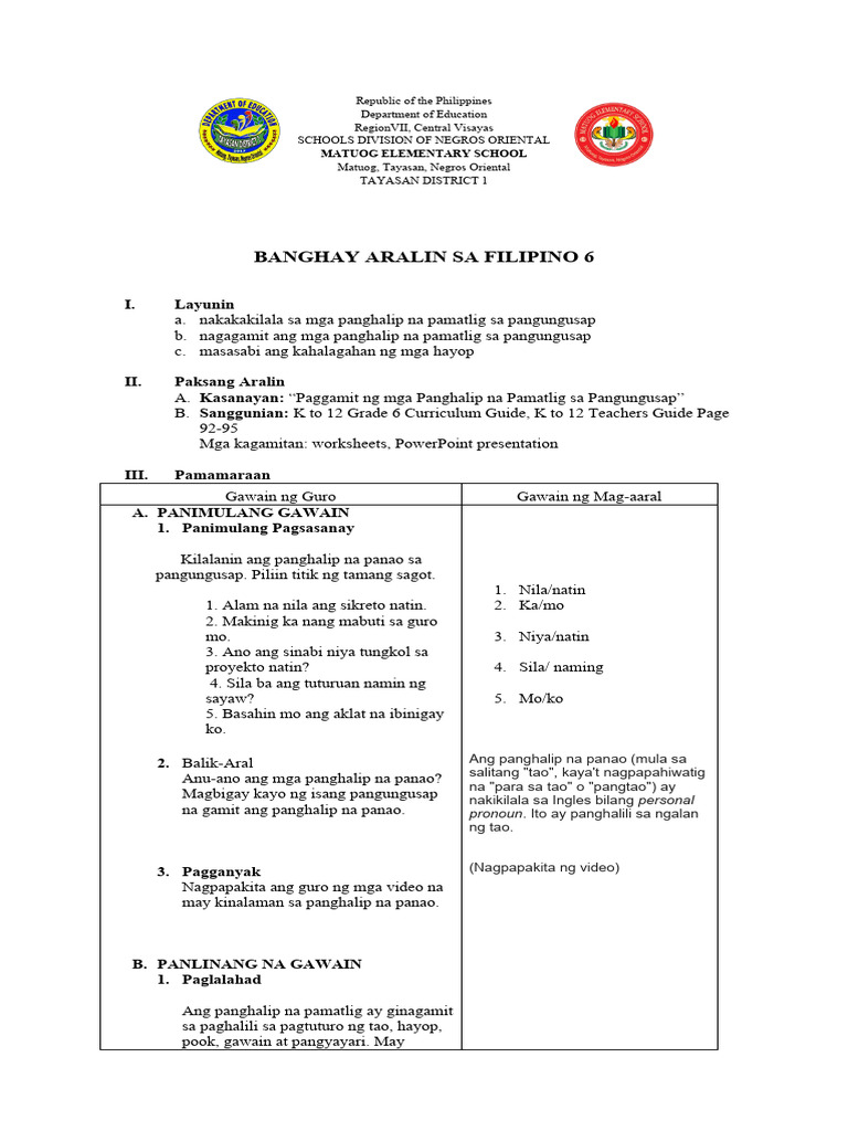 (Cot) Panghalip Na Pamatlig Lesson Plan | PDF