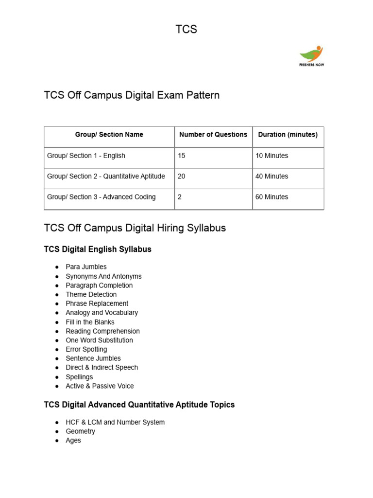 TCS Off Campus Exam Pattern & Syllabus | PDF