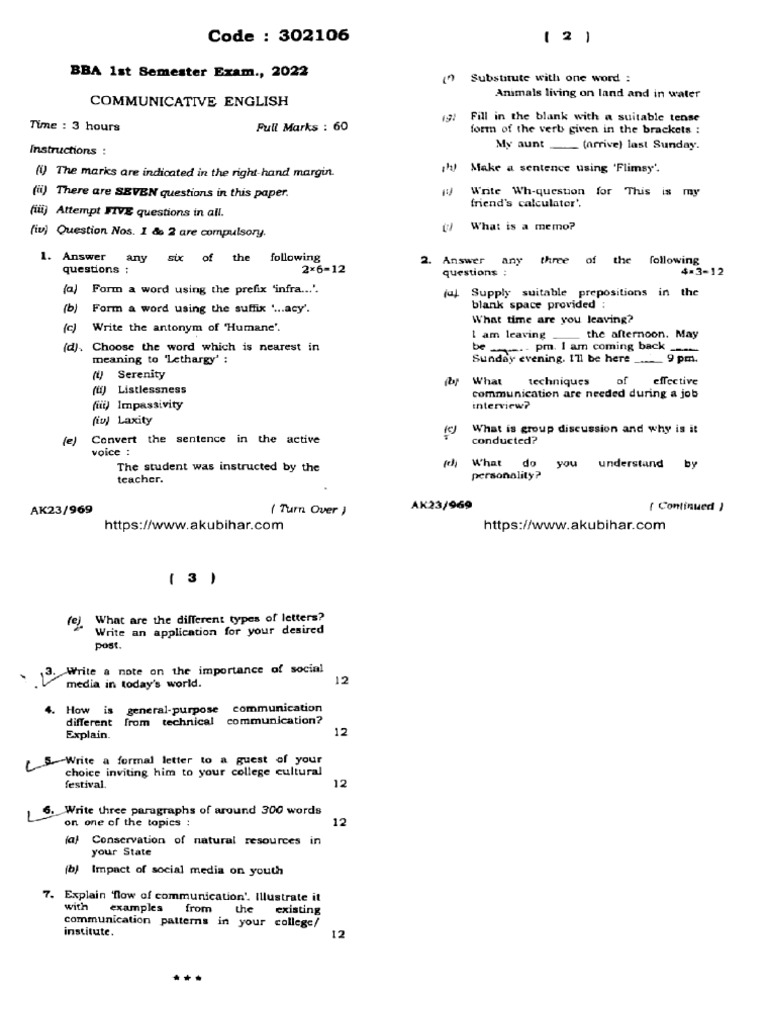 Bba 1 Sem Communicative English 302106 2022 | PDF