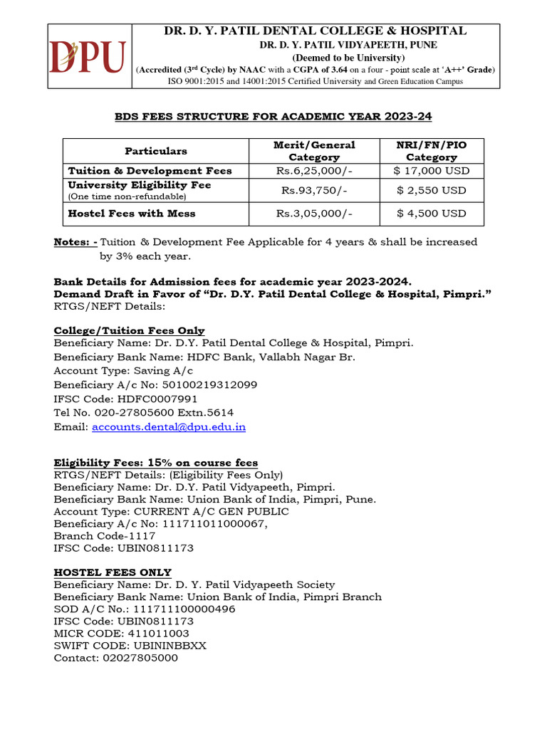 BDS Fees Structure 2023-24 at D.Y. Patil | PDF