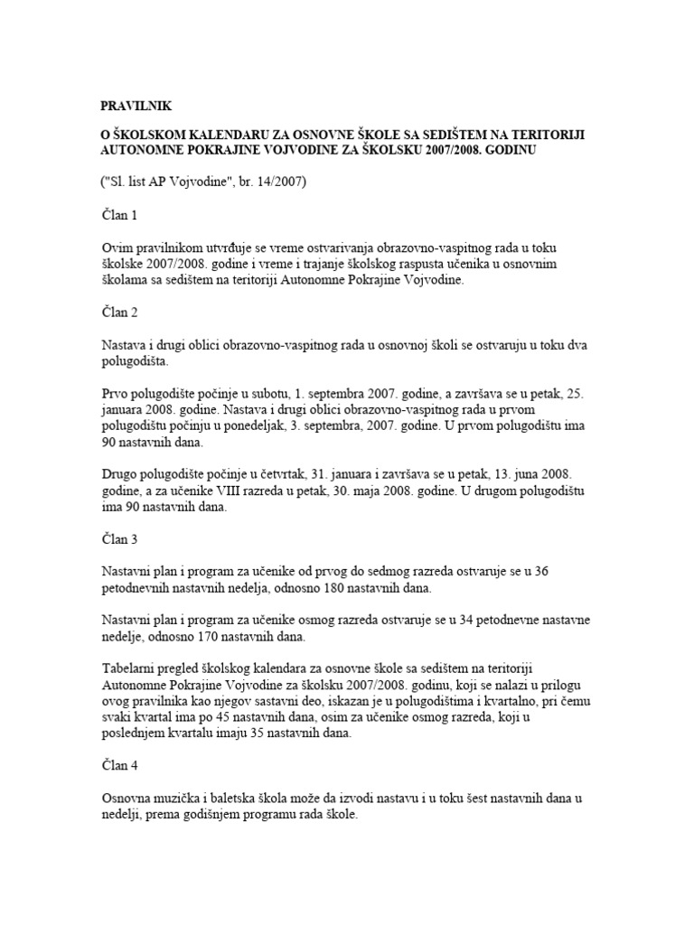 Pravilnik o Kalendaru U Osnovnoj Skoli Vojvodina | PDF