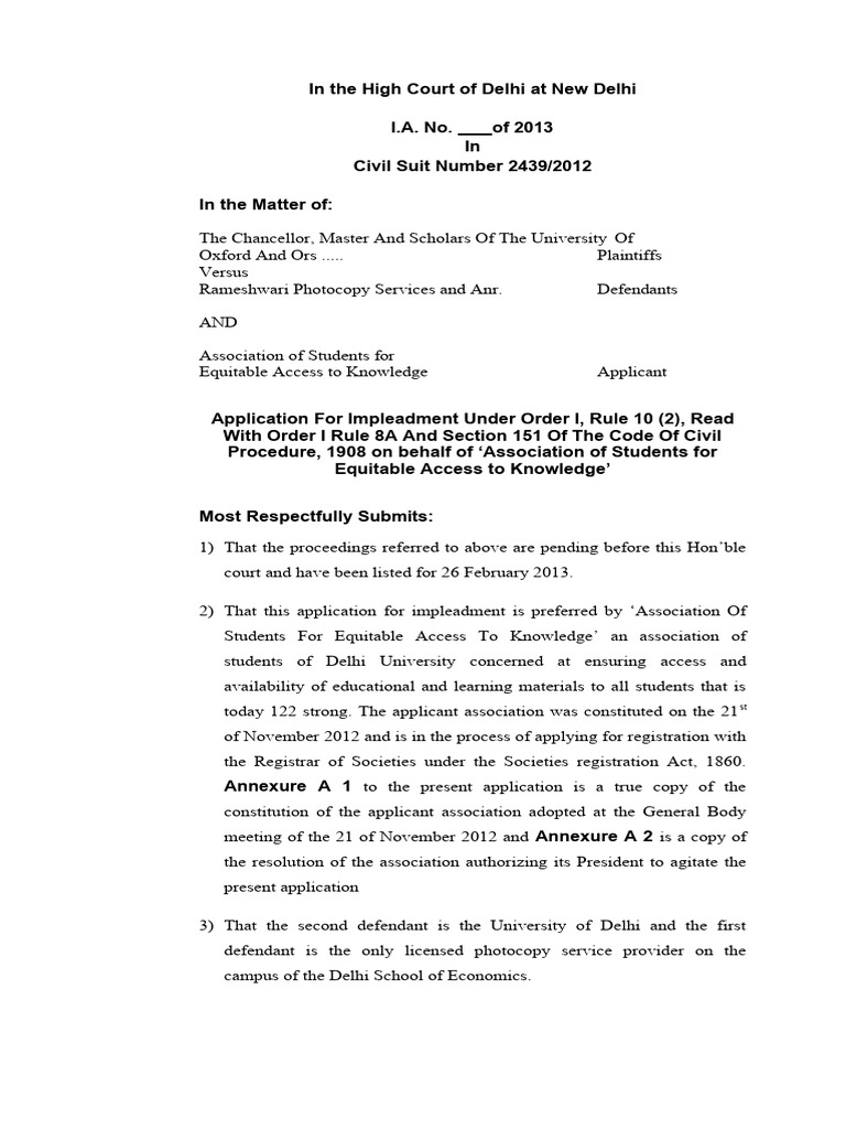 Application For Impleadment - Sample | PDF | Copyright | Copyright Law ...