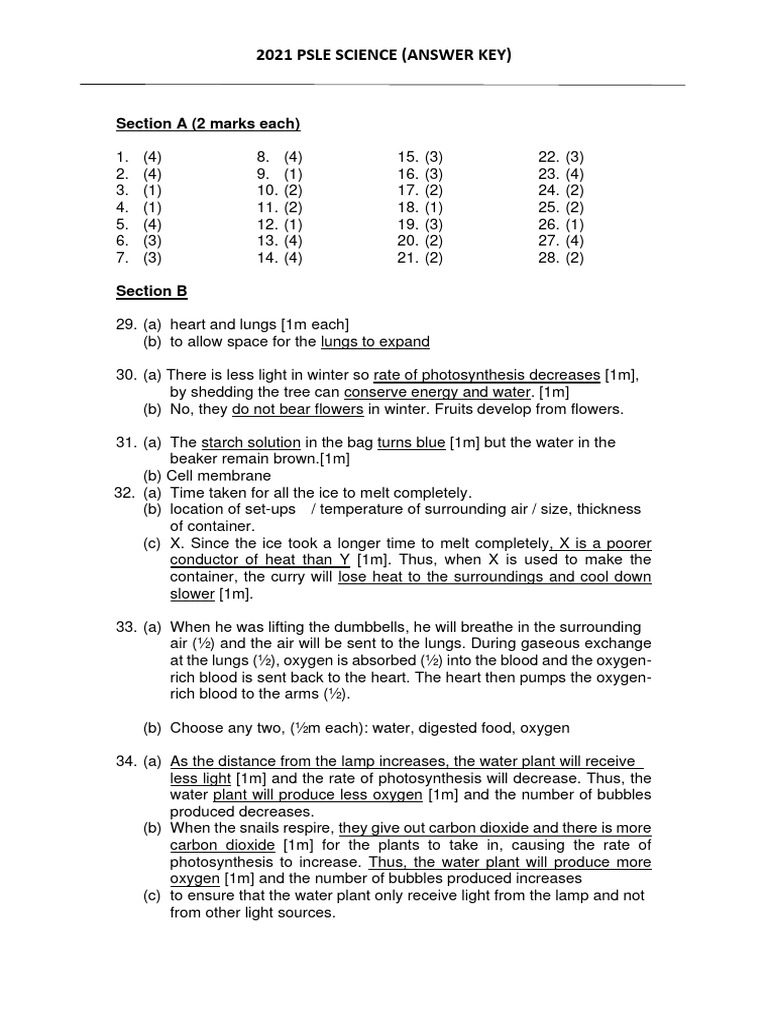 ERC 2021 PSLE Science Answer Key | PDF | Oxygen | Photosynthesis
