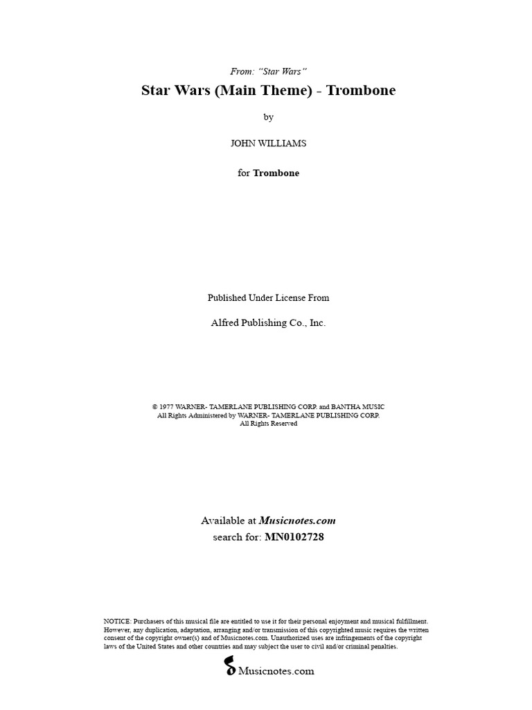 Star Wars (Main Theme) - Trombone - From 'Star Wars' Sheet Music (Trombone Solo) in F Major ...