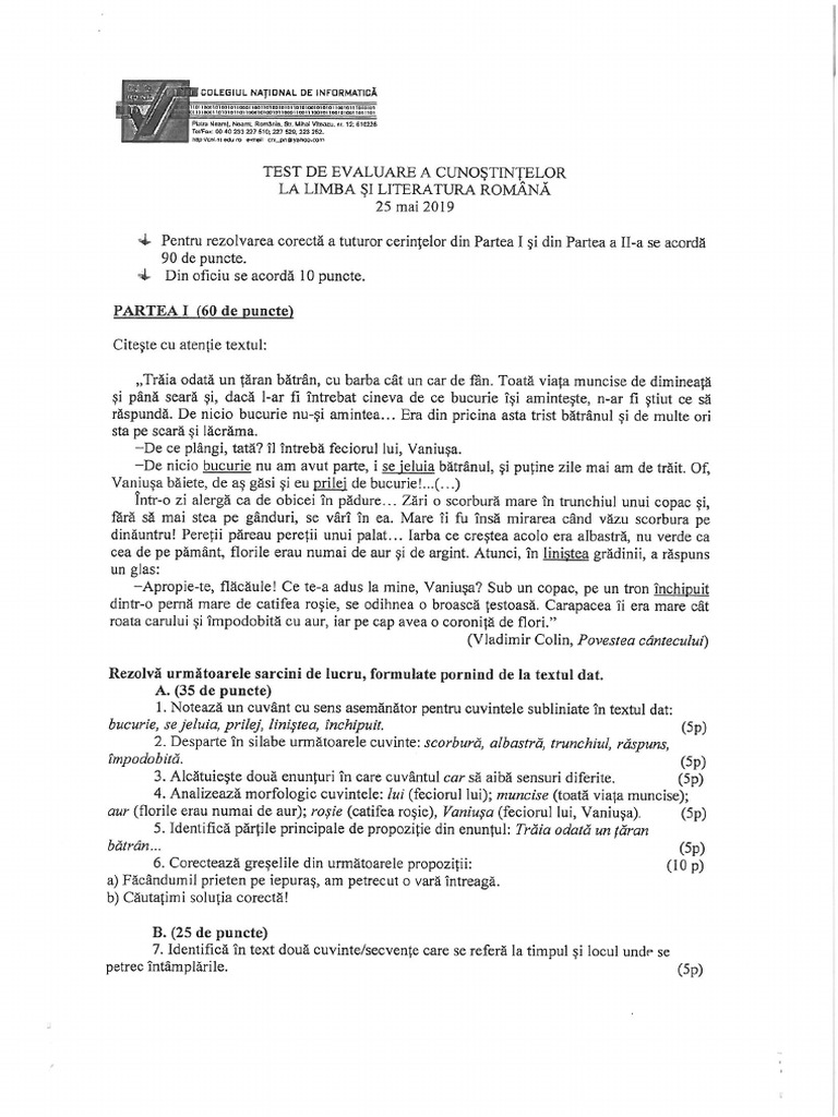 Test Clasa 5 2019 | PDF