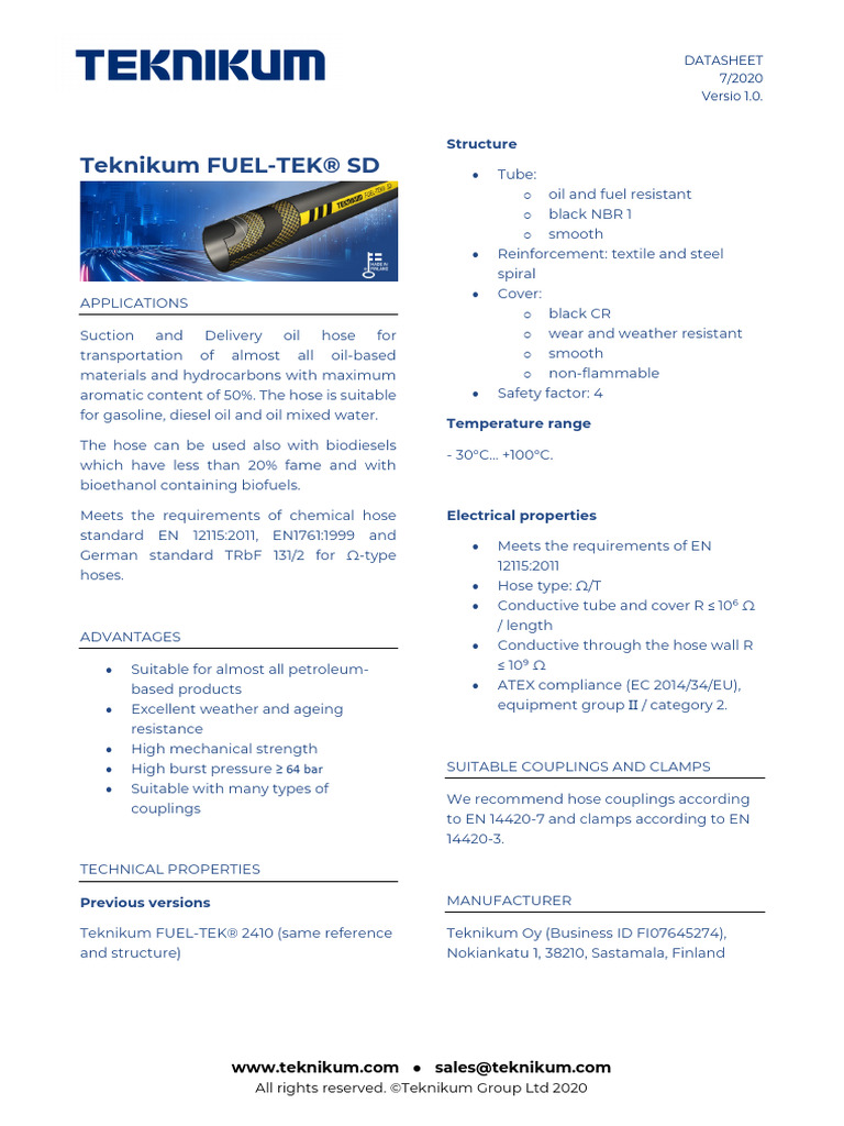 Teknikum FUEL TEK SD Datasheet EN 072020 | PDF | Biofuel | Hose