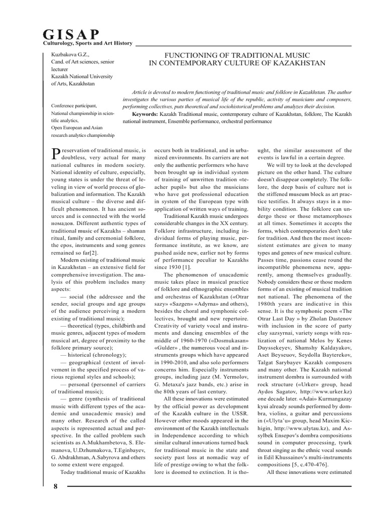 Functioning of Traditional Music in Contemporary Culture of Kazakhstan ...
