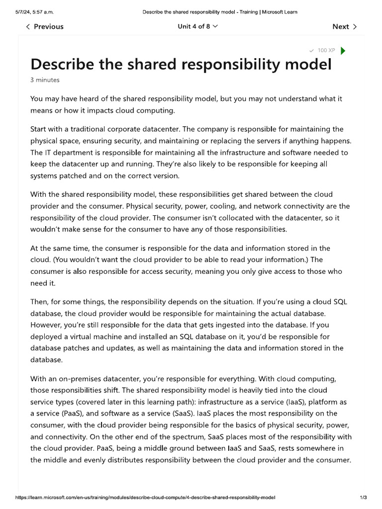 Describe the shared responsibility model - Training _ Microsoft Learn | PDF
