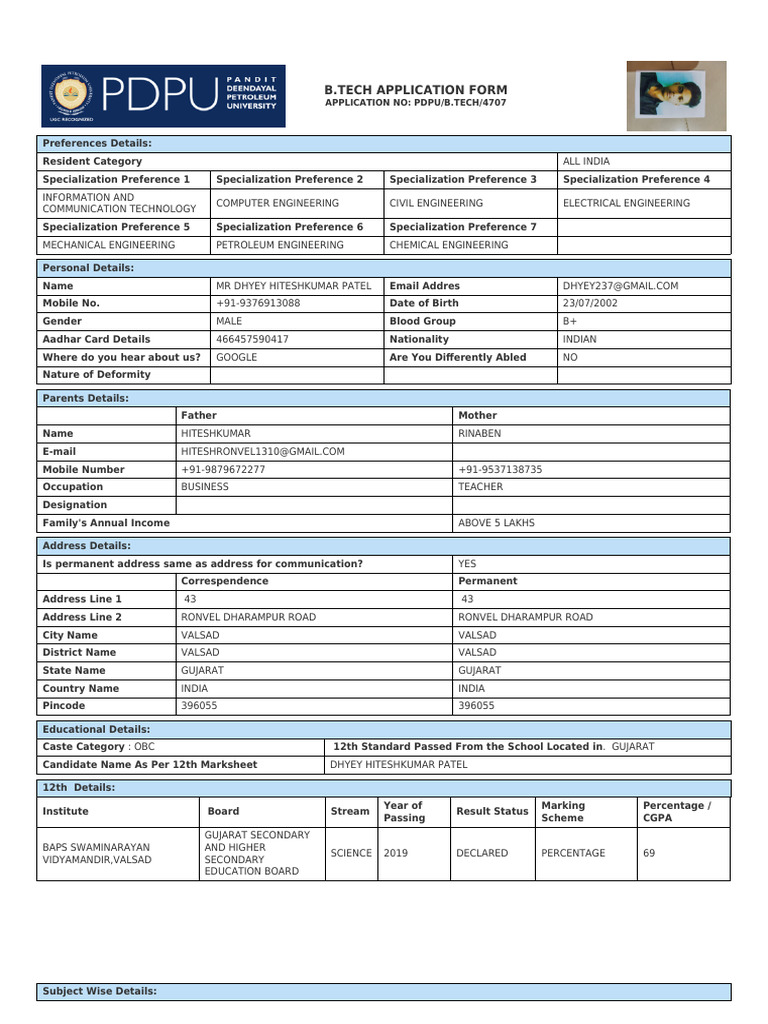 Application Form PDPU B Tech 4707 | PDF | Sat