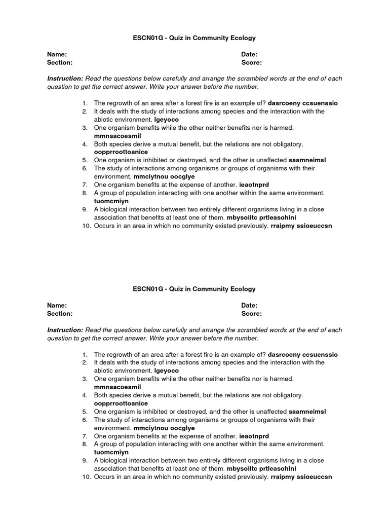 Community Ecology Quiz | PDF | Ecology | Systems Ecology