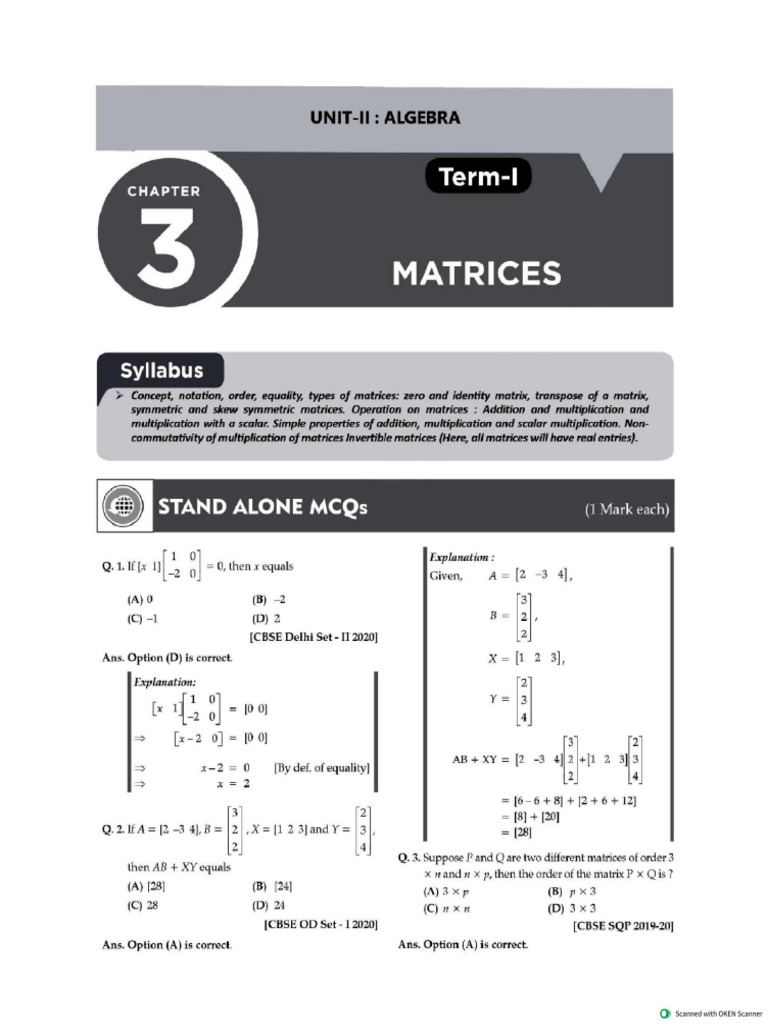 Class - 12th (MATHS) MATRICES ASSGN. | PDF