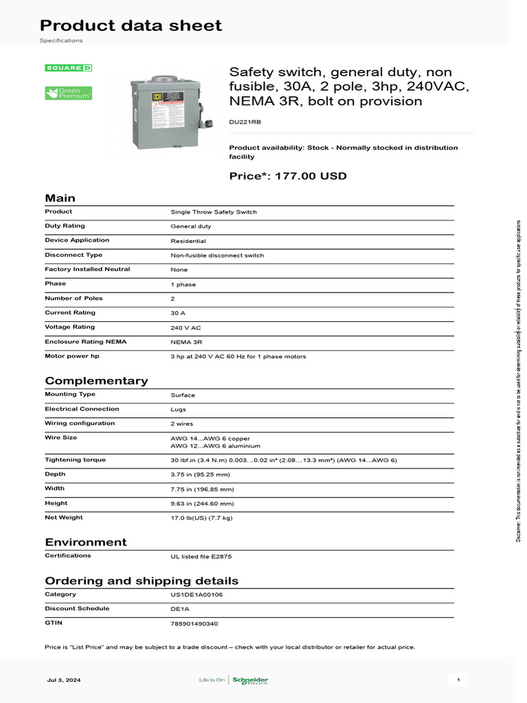 Schneider Electric - General-Duty-Safety-Switches - DU221RB | PDF ...