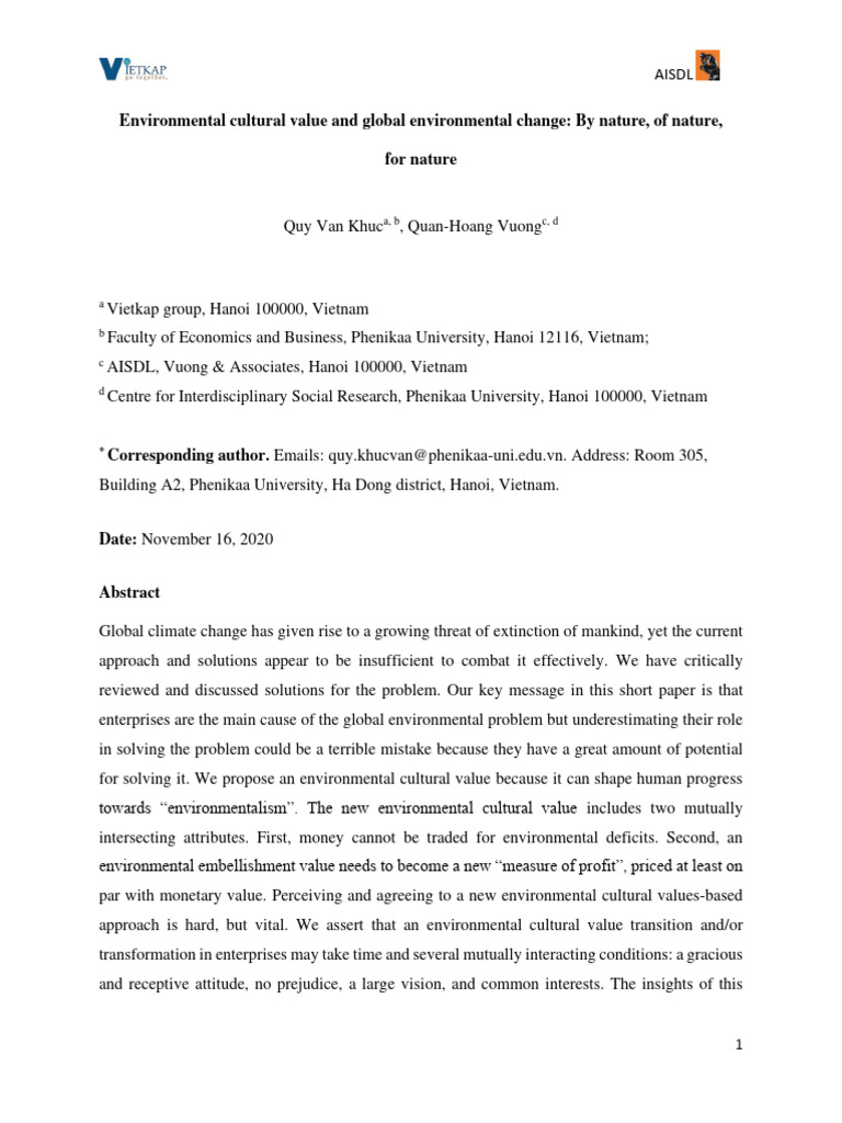 Environmental Cultural Value and Global Environmental Change: by Nature ...