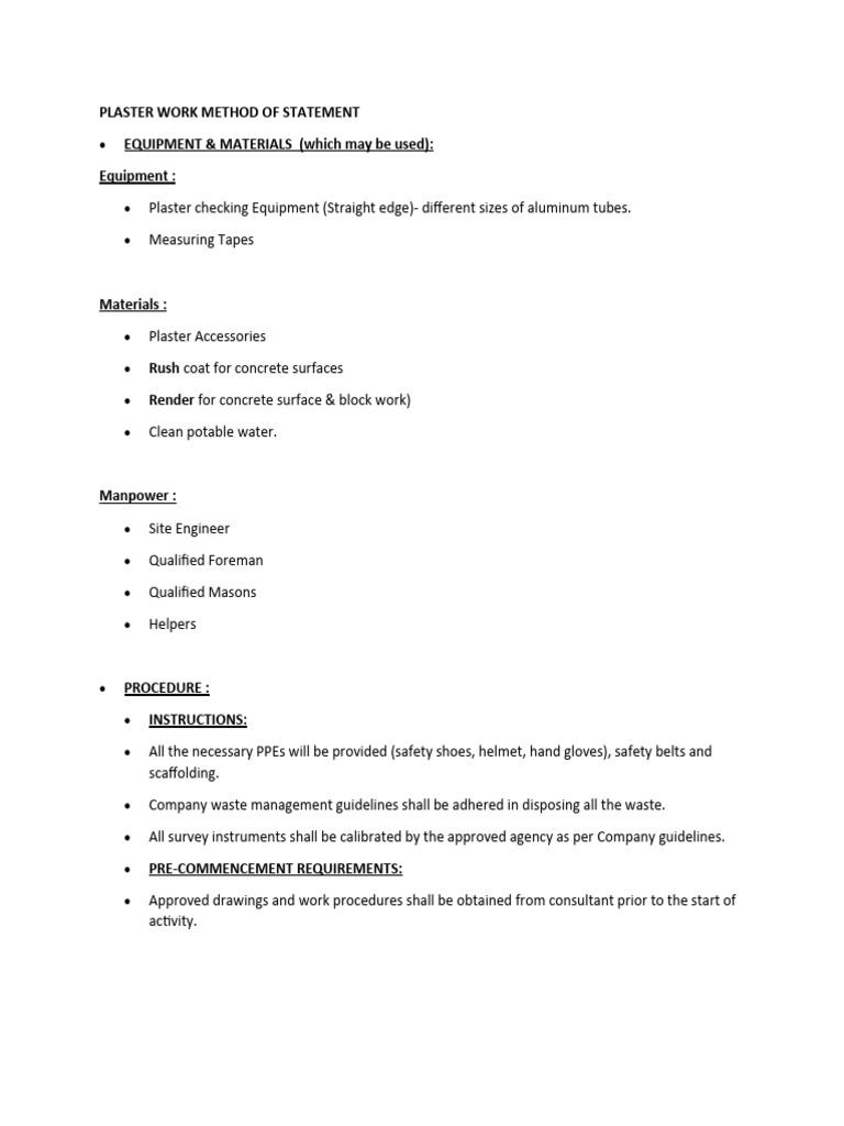Method of Statement For Wall Plastering | PDF | Plaster | Scaffolding