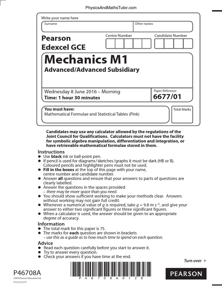 June 2016 QP - M1 Edexcel | PDF | Force | Physical Phenomena