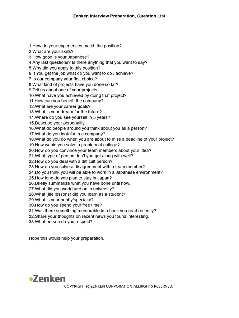 Zenken Interview Preparation Question List | PDF | Career & Growth ...