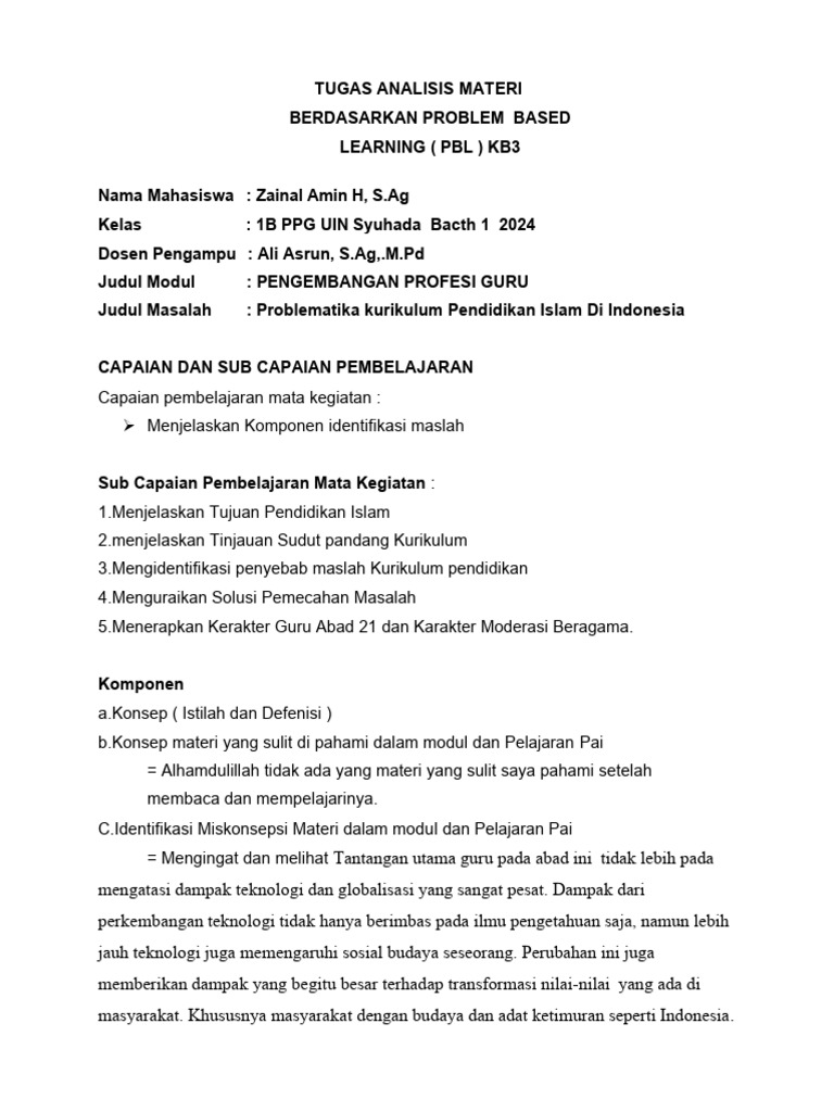 Tugas Analisis Materi Berdasarkan Problem Based Learning (Zainal Amin H, S.ag) | PDF