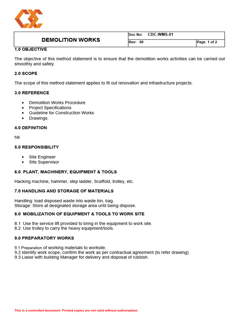 CDC-WMS-01 Demolition Works | PDF | Demolition | Engineering