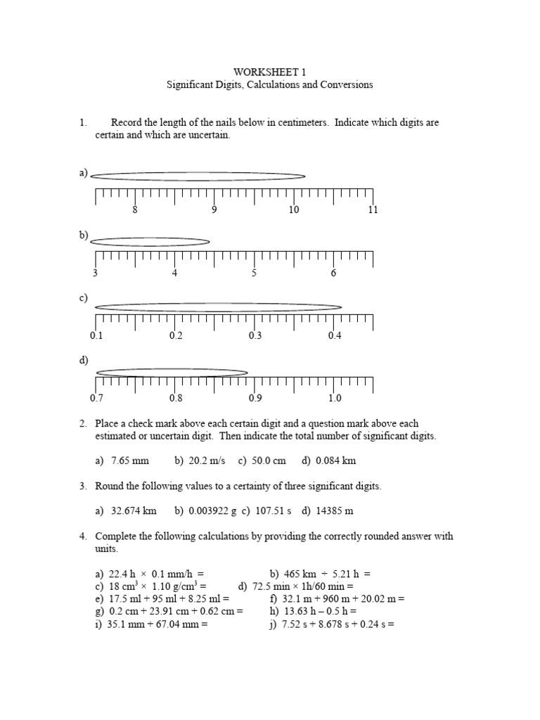 Worksheet 1 - Answers - Signficant Digits Calculations and Conversions | PDF