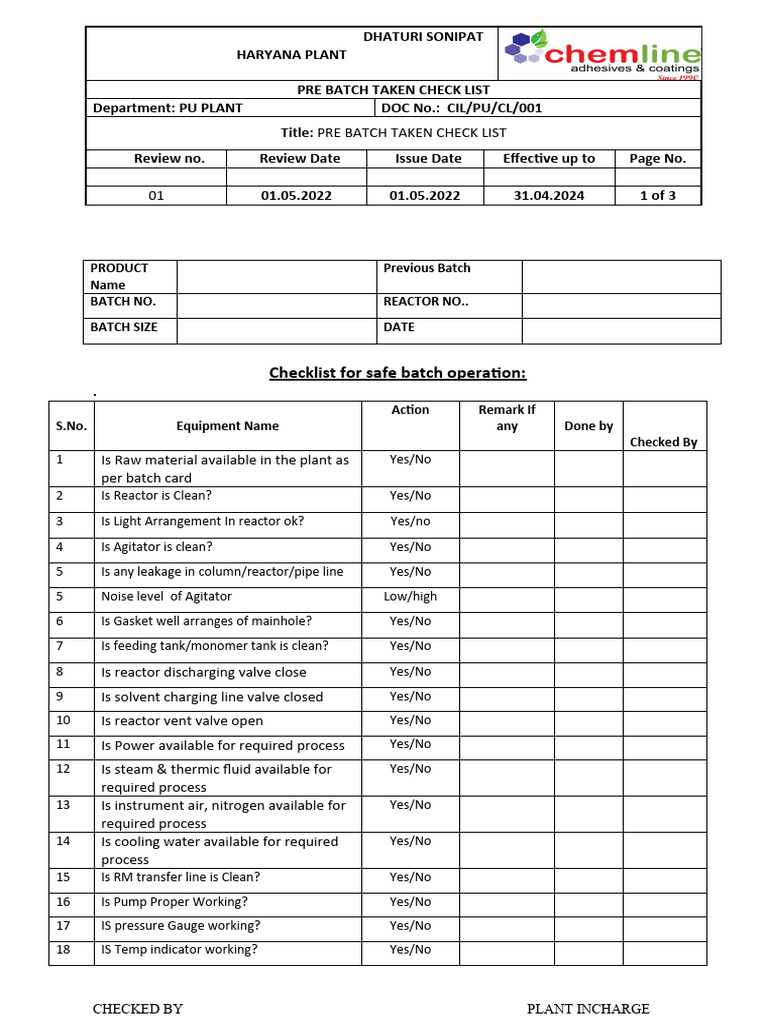 Pre-Batch Checklist for PU Plant | PDF | Gases | Gas Technologies